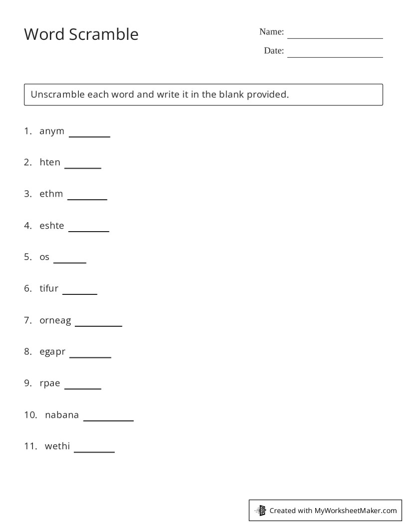 Word Scramble - My Worksheet Maker: Create Your Own Worksheets