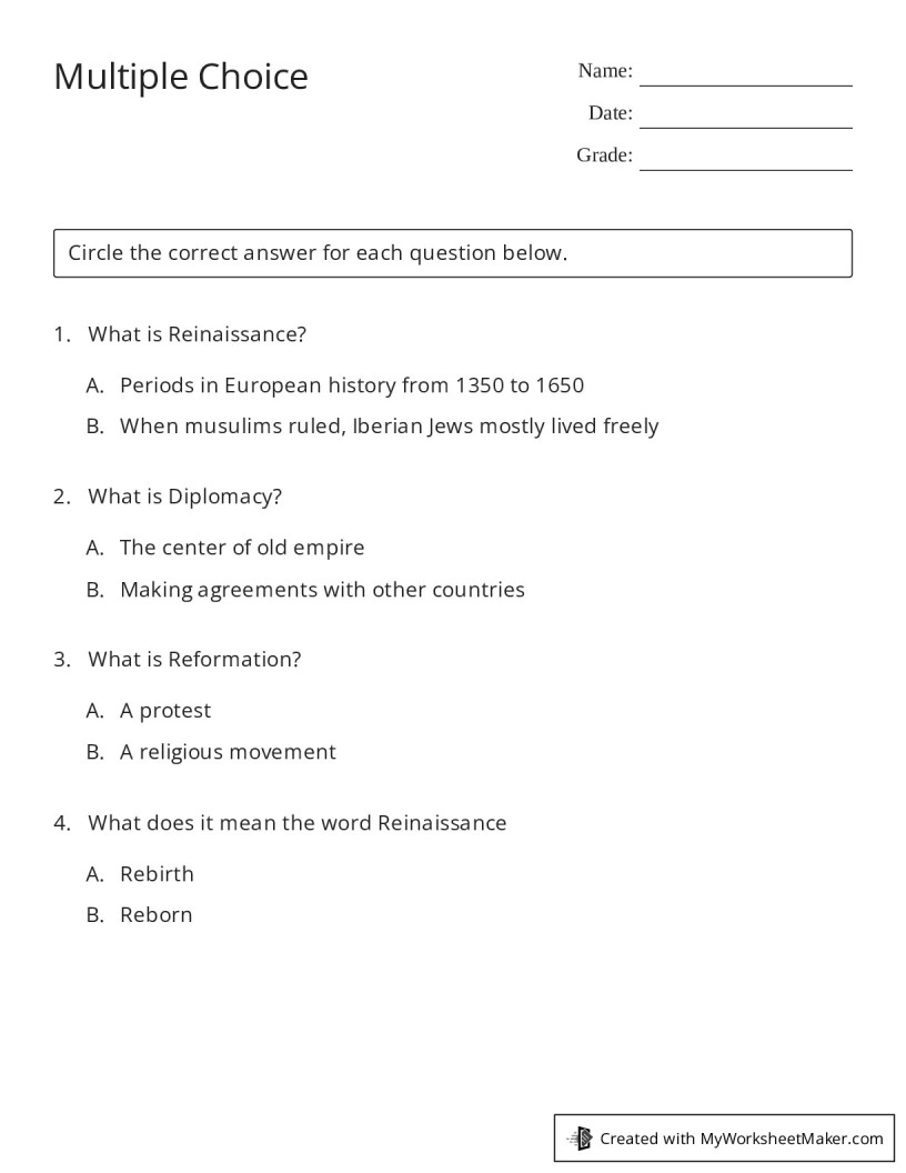Multiple Choice - My Worksheet Maker: Create Your Own Worksheets