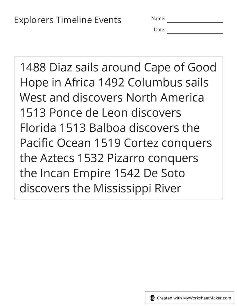 Explorers Timeline Events - My Worksheet Maker: Create Your Own Worksheets