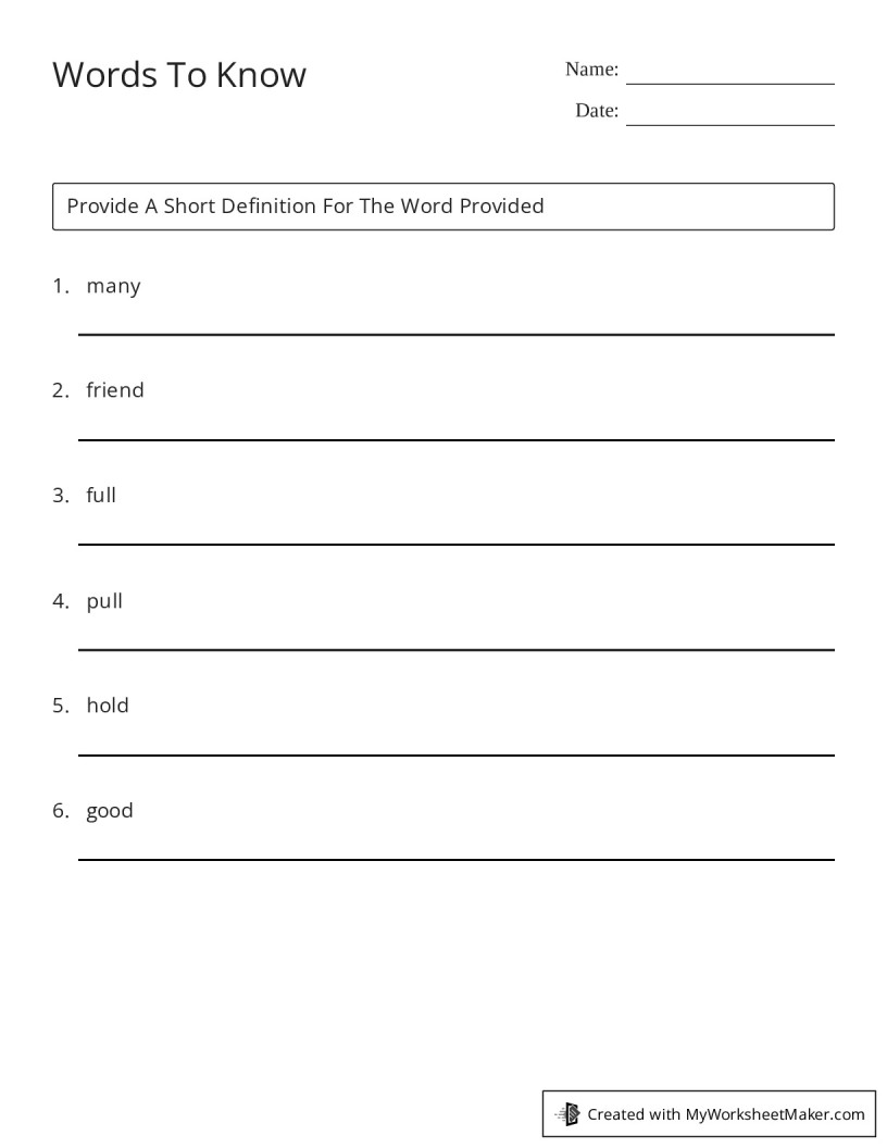 Words To Know - My Worksheet Maker: Create Your Own Worksheets