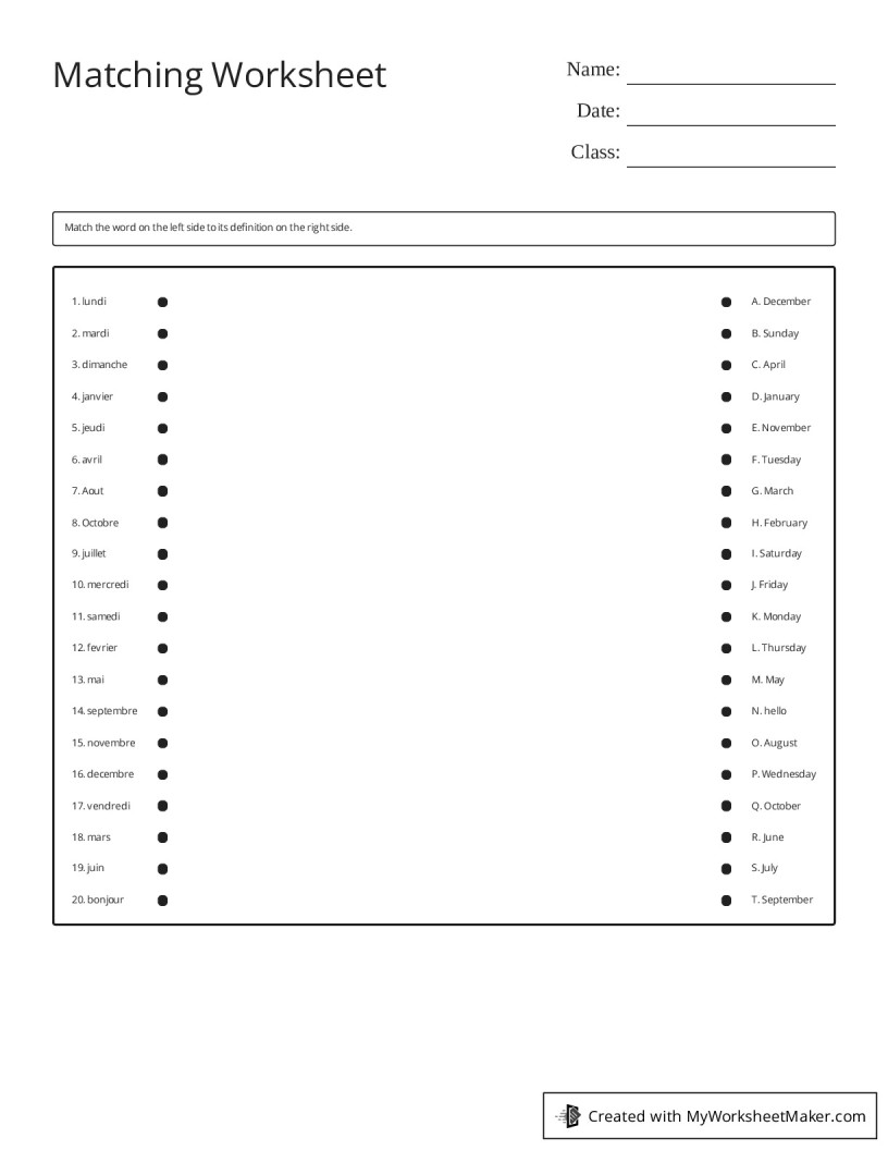 Matching Worksheet - My Worksheet Maker: Create Your Own Worksheets