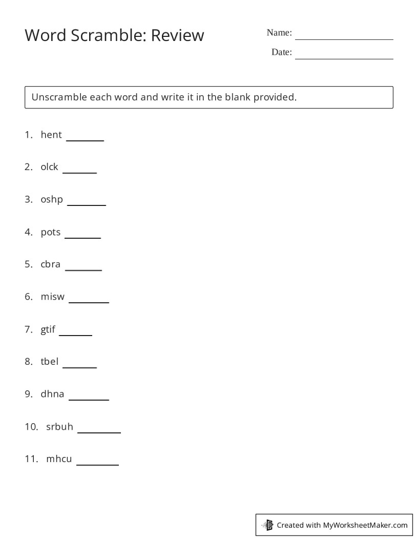 Word Scramble: Review - My Worksheet Maker: Create Your Own Worksheets