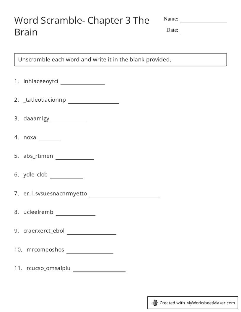 Word Scramble- Chapter 3 The Brain - My Worksheet Maker: Create Your ...