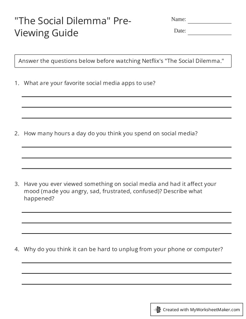 "The Social Dilemma" Pre-Viewing Guide - My Worksheet Maker: Create ...