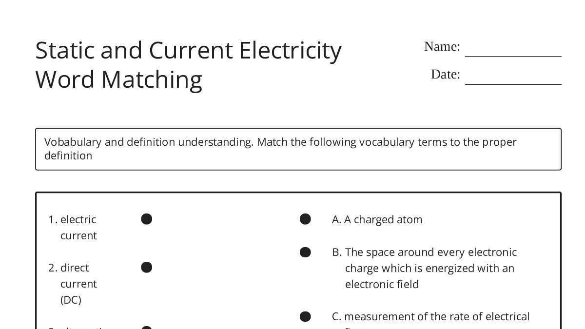 Static and Current Electricity Word Matching - My Worksheet Maker ...