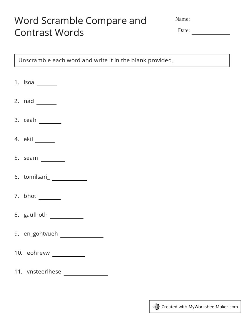 Word Scramble Compare and Contrast Words - My Worksheet Maker: Create ...