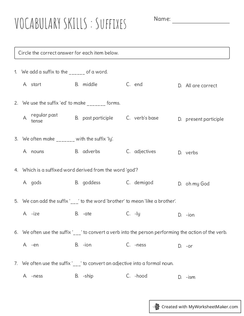 VOCABULARY SKILLS : Suffixes - My Worksheet Maker: Create Your Own ...