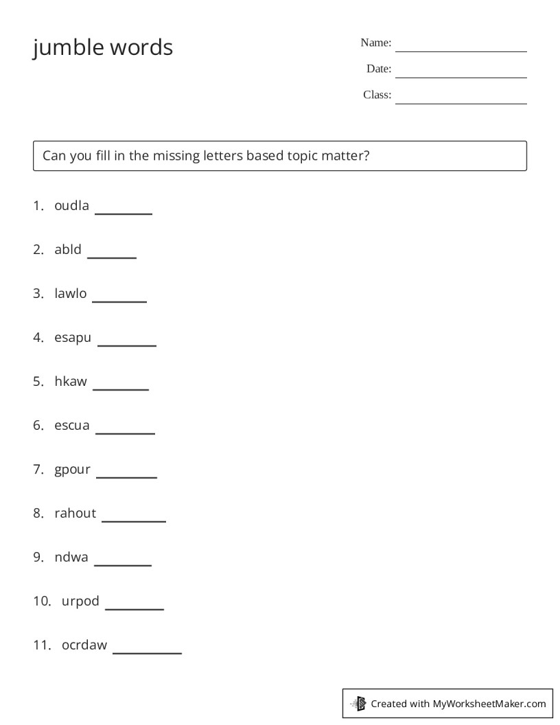 jumble words - My Worksheet Maker: Create Your Own Worksheets
