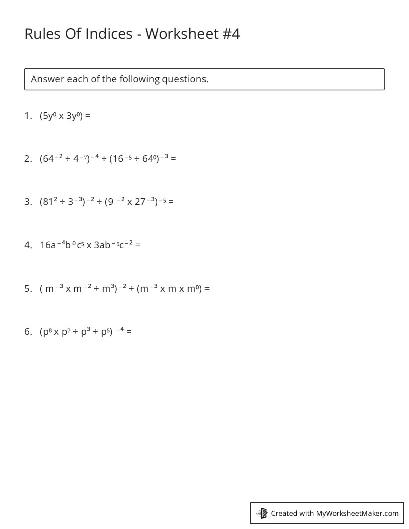 Rules Of Indices - Worksheet #4 - My Worksheet Maker: Create Your Own ...