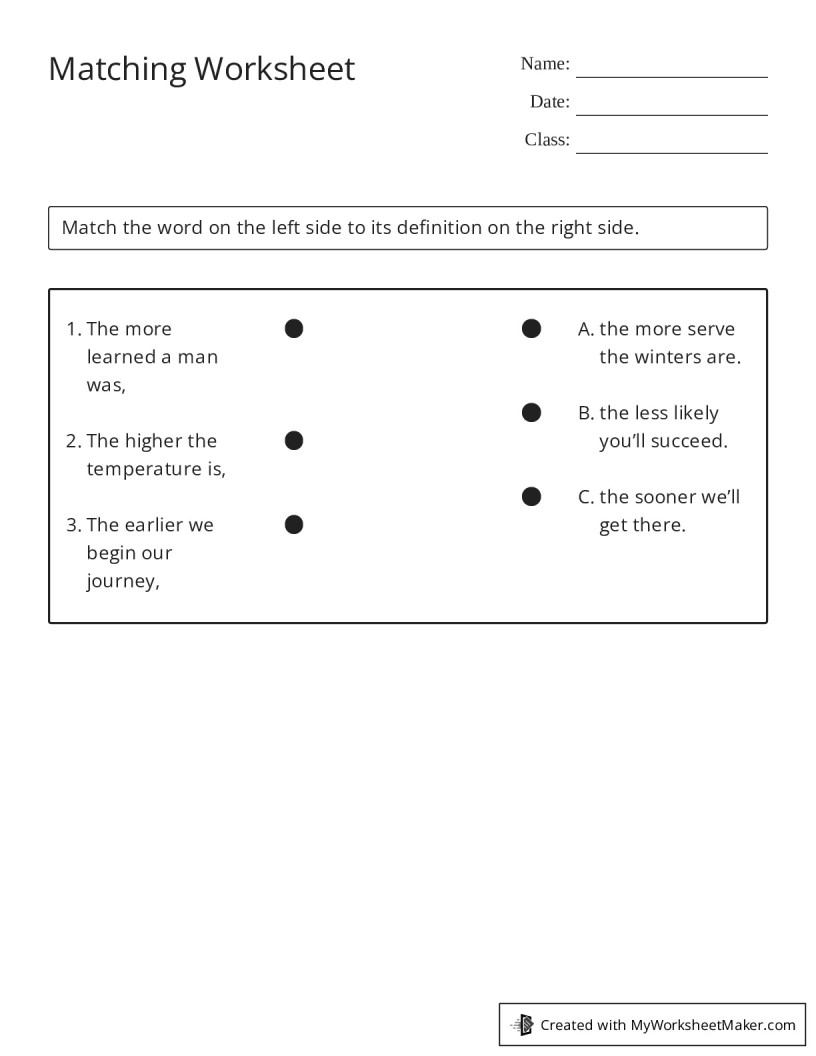 Matching Worksheet - My Worksheet Maker: Create Your Own Worksheets