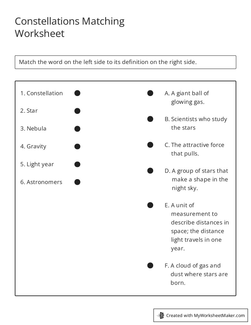 Constellations Matching Worksheet - My Worksheet Maker: Create Your Own ...