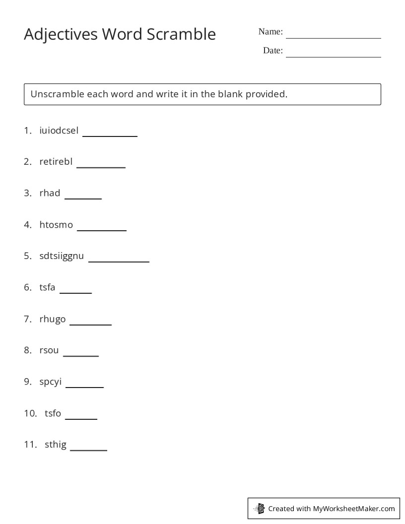 Adjectives Word Scramble - My Worksheet Maker: Create Your Own Worksheets