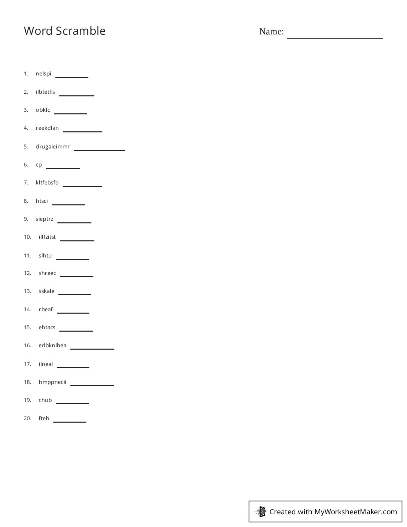 Word Scramble - My Worksheet Maker: Create Your Own Worksheets