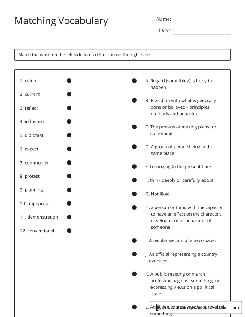 Matching Vocabulary - My Worksheet Maker: Create Your Own Worksheets