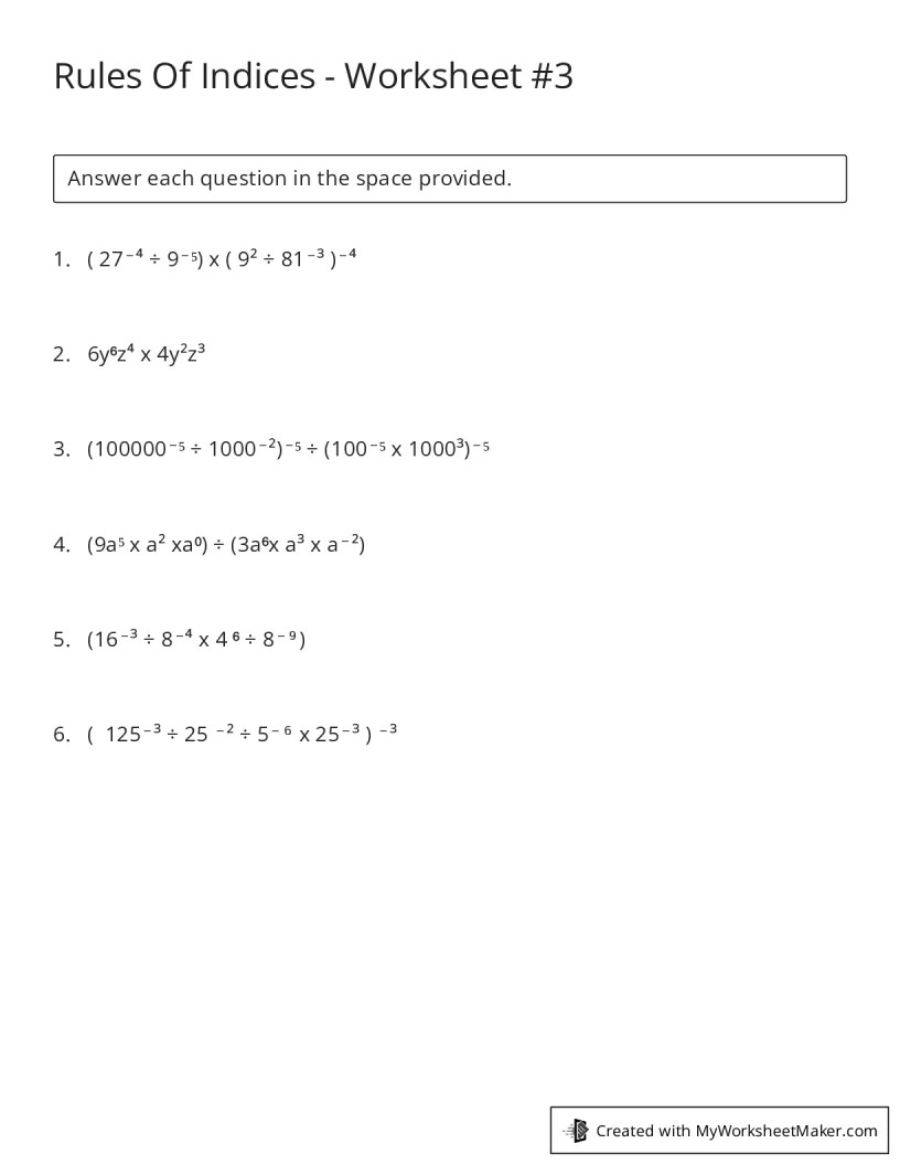 Rules Of Indices - Worksheet #3 - My Worksheet Maker: Create Your Own ...