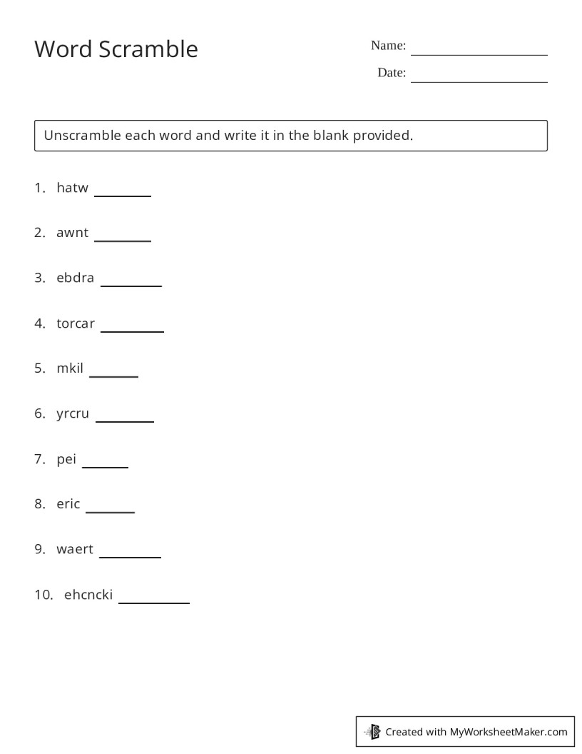 Word Scramble - My Worksheet Maker: Create Your Own Worksheets