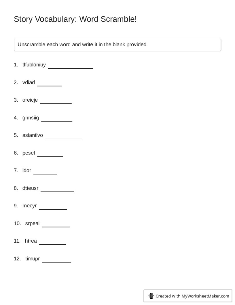 Story Vocabulary: Word Scramble! - My Worksheet Maker: Create Your Own ...