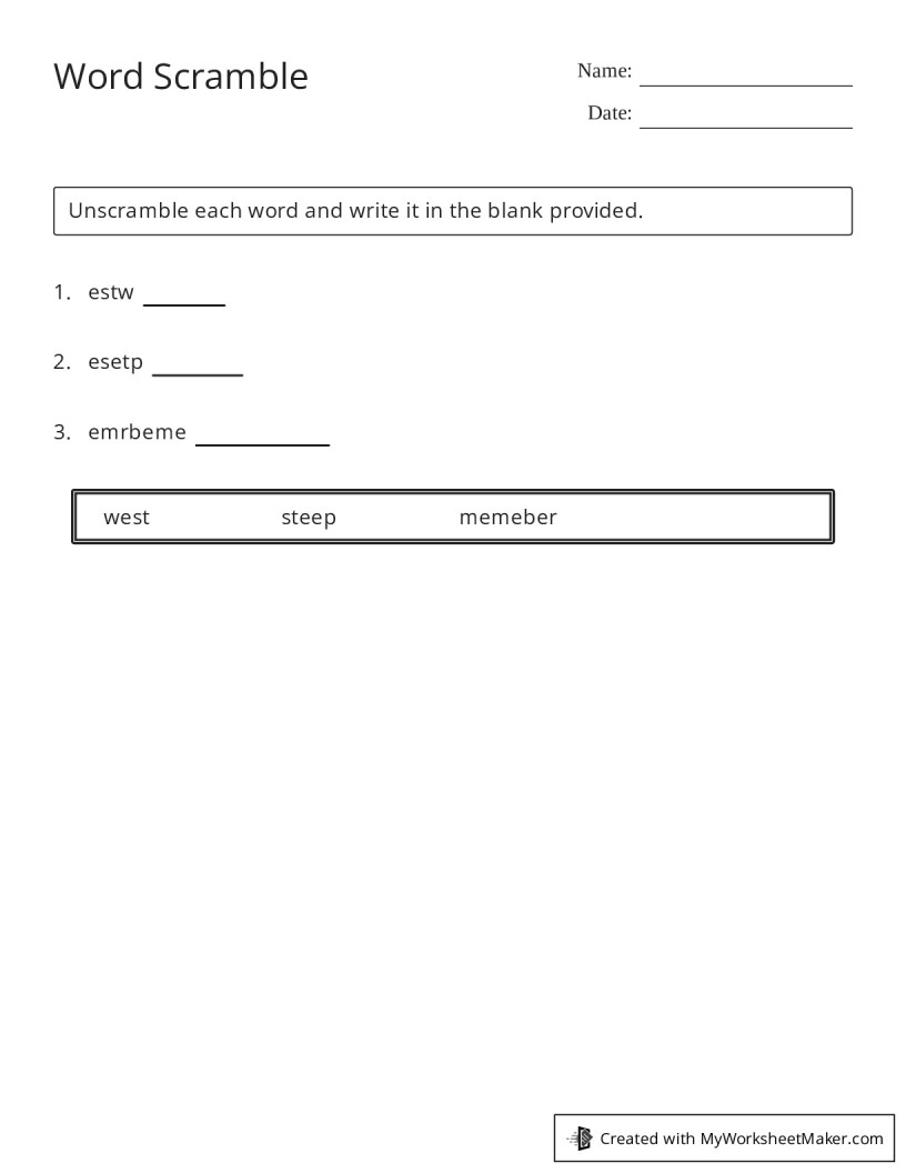 Word Scramble - My Worksheet Maker: Create Your Own Worksheets
