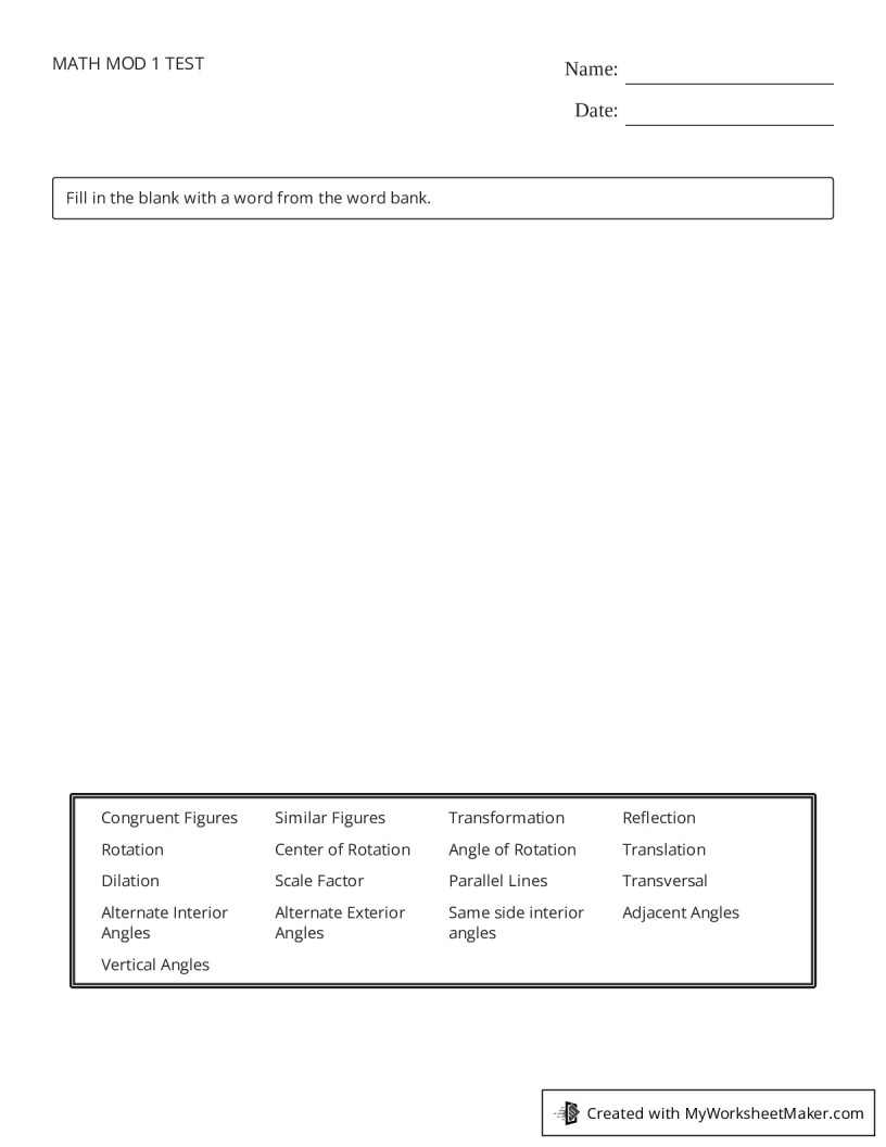 MATH MOD 1 TEST - My Worksheet Maker: Create Your Own Worksheets