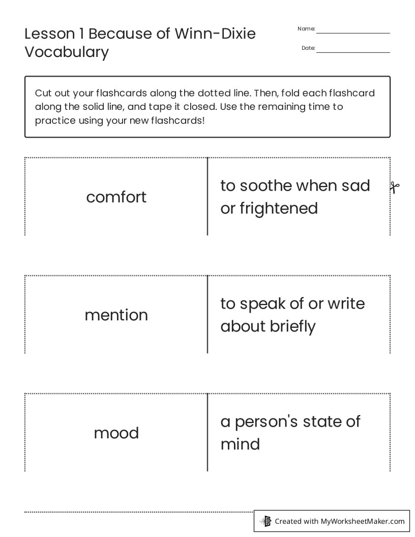 Lesson 1 Because of Winn-Dixie Vocabulary - My Flashcard Maker: Create ...