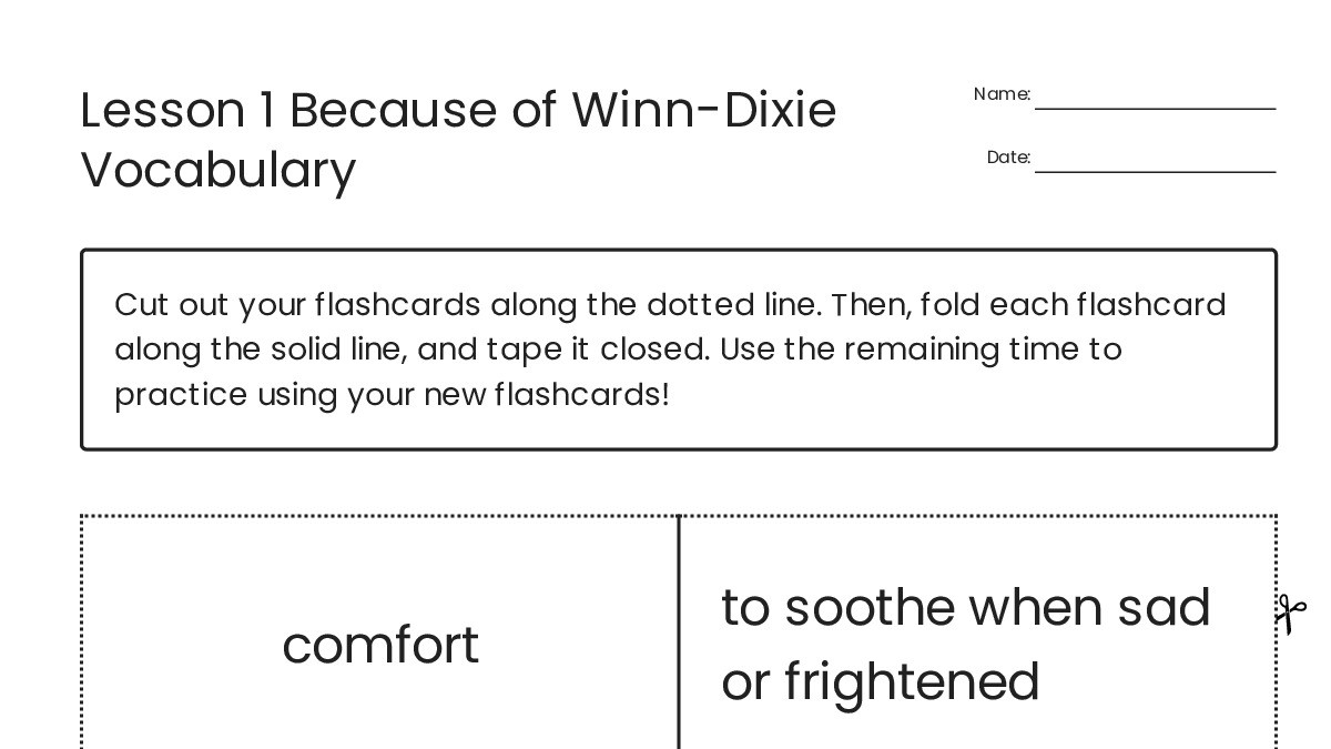 Lesson 1 Because of Winn-Dixie Vocabulary - My Flashcard Maker: Create ...