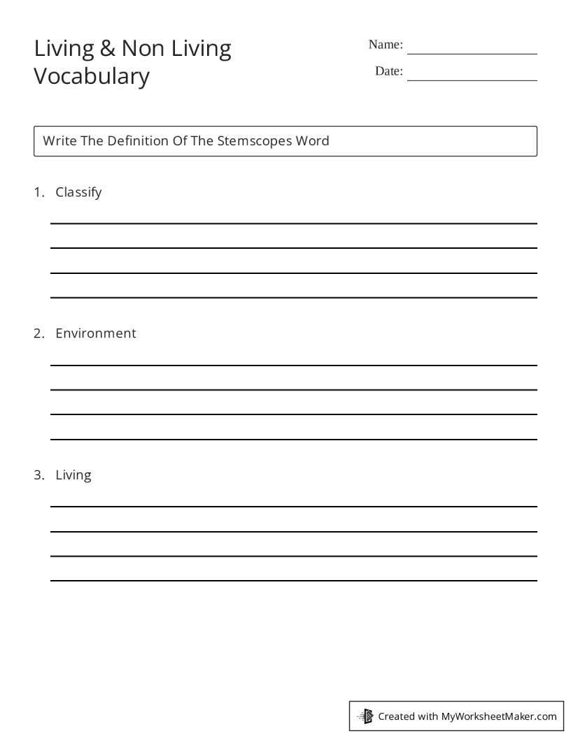 Living & Non Living Vocabulary - My Worksheet Maker: Create Your Own ...