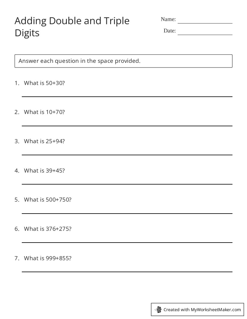 Adding Double and Triple Digits - My Worksheet Maker: Create Your Own ...