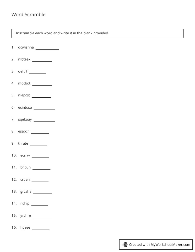 Word Scramble - My Worksheet Maker: Create Your Own Worksheets