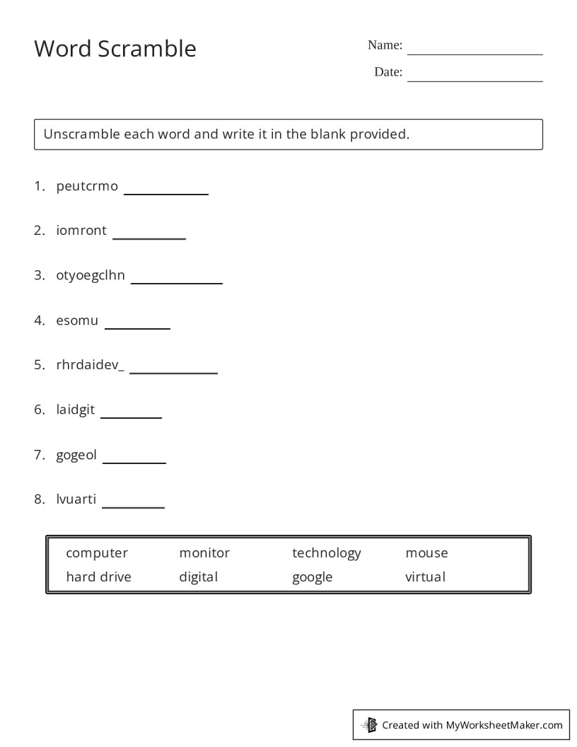 Word Scramble - My Worksheet Maker: Create Your Own Worksheets