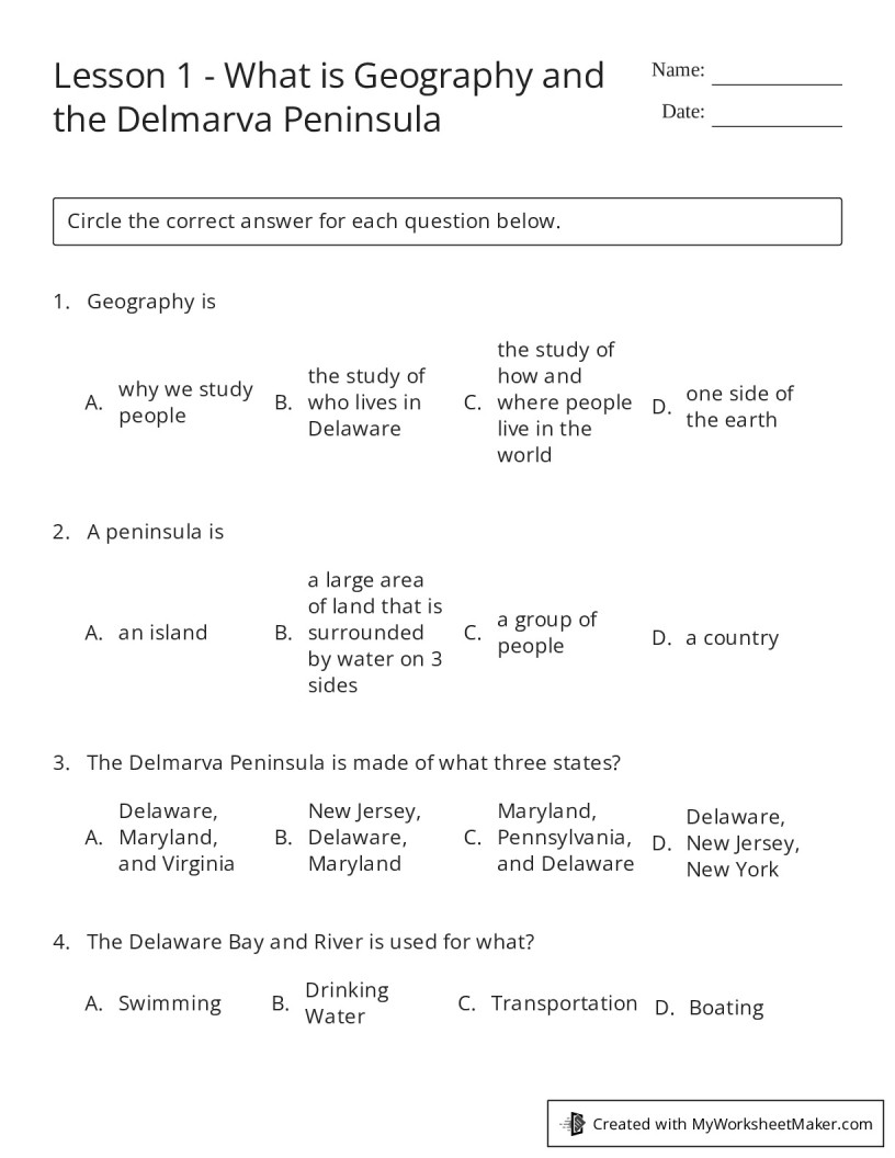 Lesson 1 - What is Geography and the Delmarva Peninsula - My Worksheet ...