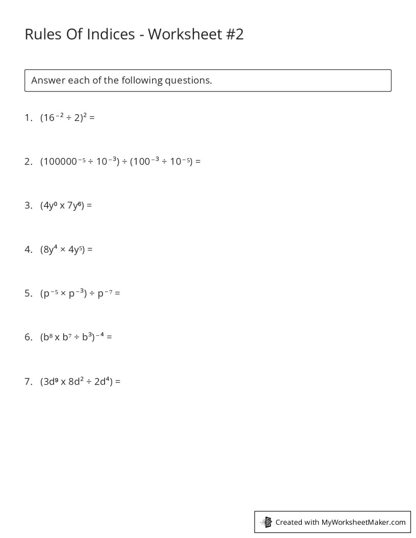 Rules Of Indices - Worksheet #2 - My Worksheet Maker: Create Your Own ...