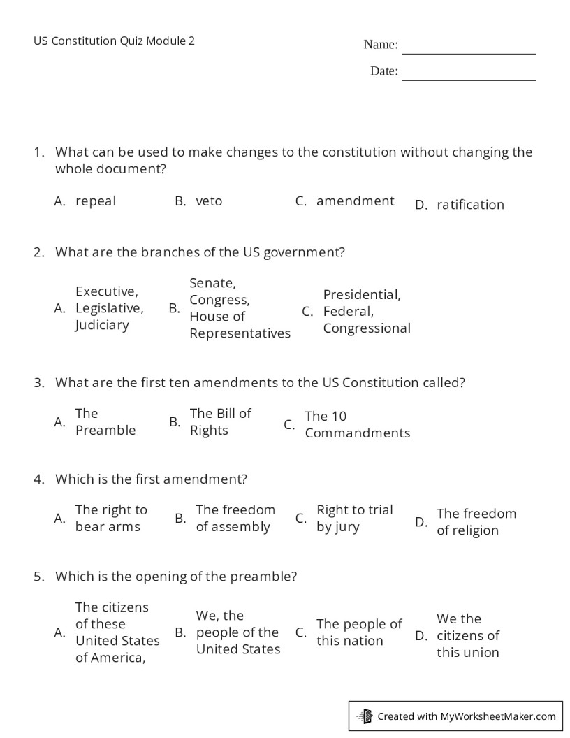 US Constitution Quiz Module 2 - My Worksheet Maker: Create Your Own ...