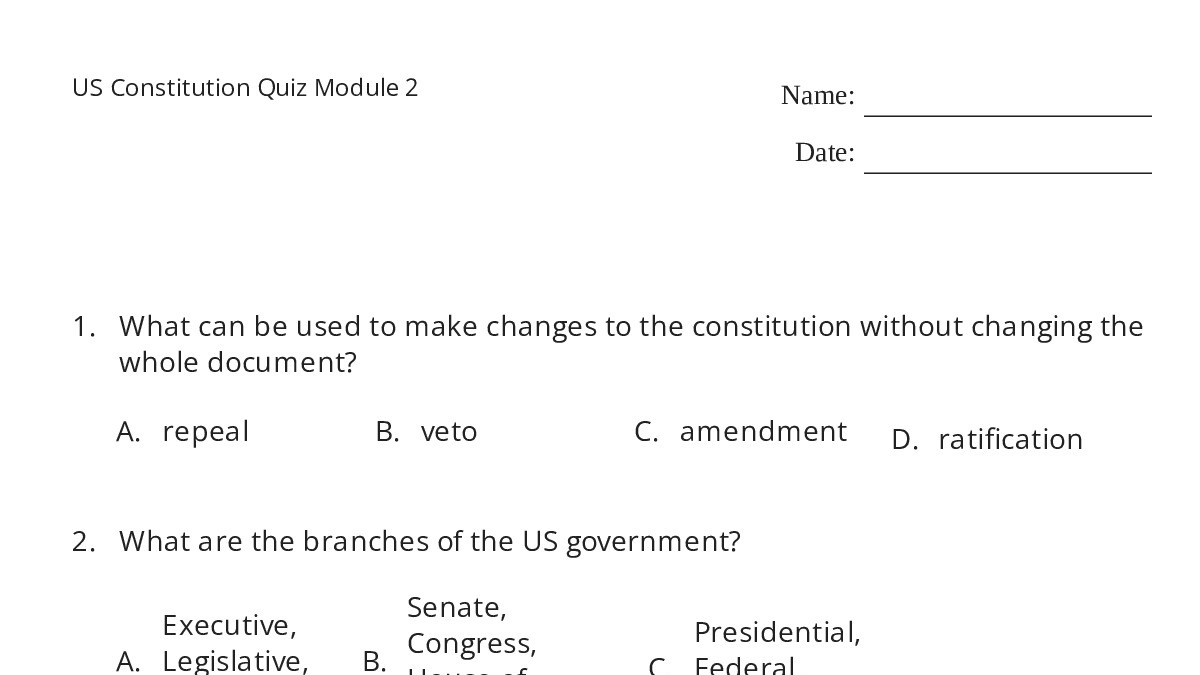 US Constitution Quiz Module 2 - My Worksheet Maker: Create Your Own ...