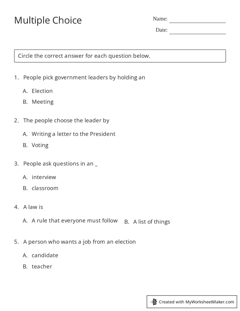 Multiple Choice - My Worksheet Maker: Create Your Own Worksheets