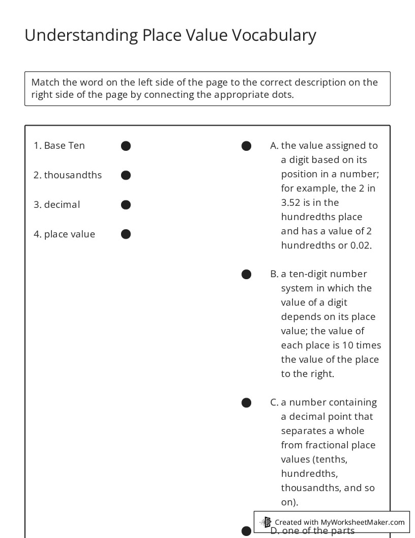 Understanding Place Value Vocabulary - My Worksheet Maker: Create Your ...