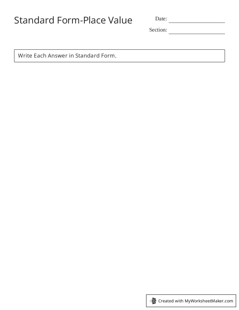 Standard Form-Place Value - My Worksheet Maker: Create Your Own Worksheets