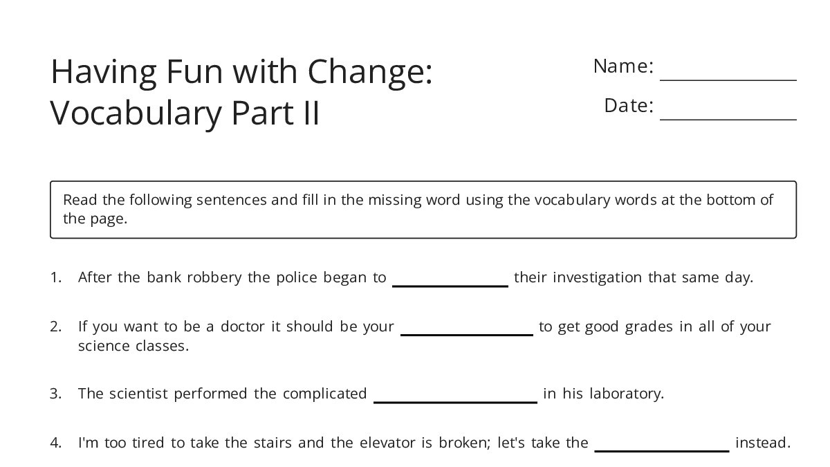 Having Fun with Change: Vocabulary Part II - My Worksheet Maker: Create ...