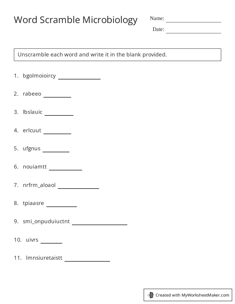Word Scramble Microbiology - My Worksheet Maker: Create Your Own Worksheets