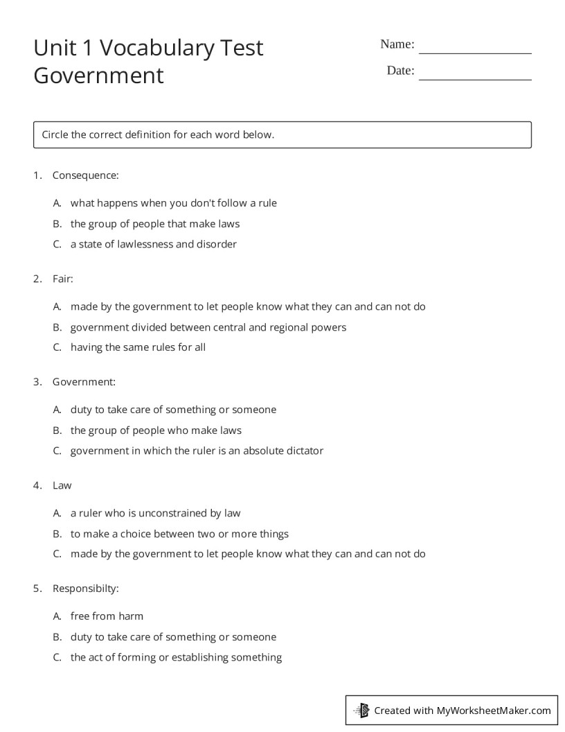 Unit 1 Vocabulary Test Government - My Worksheet Maker: Create Your Own ...