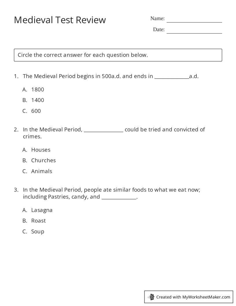 Medieval Test Review - My Worksheet Maker: Create Your Own Worksheets