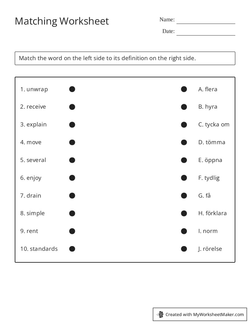 Matching Worksheet - My Worksheet Maker: Create Your Own Worksheets
