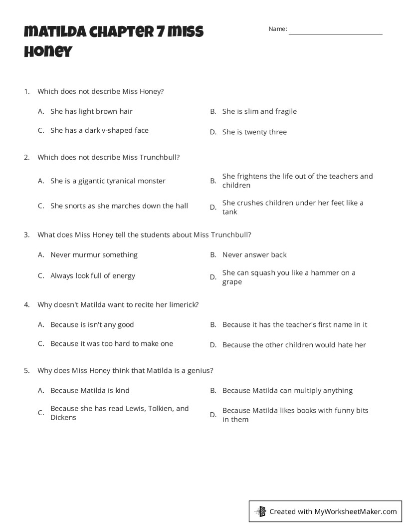 matilda chapter 7 miss honey - My Worksheet Maker: Create Your Own ...