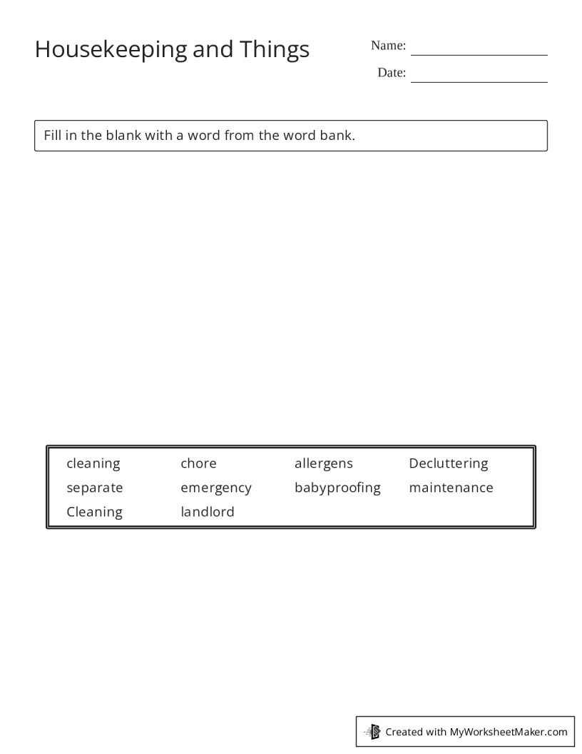 Housekeeping and Things - My Worksheet Maker: Create Your Own Worksheets