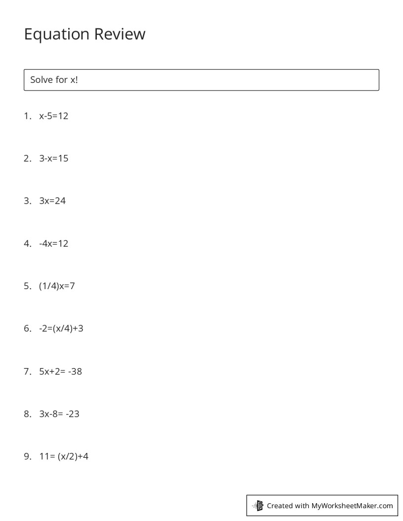 Equation Review - My Worksheet Maker: Create Your Own Worksheets