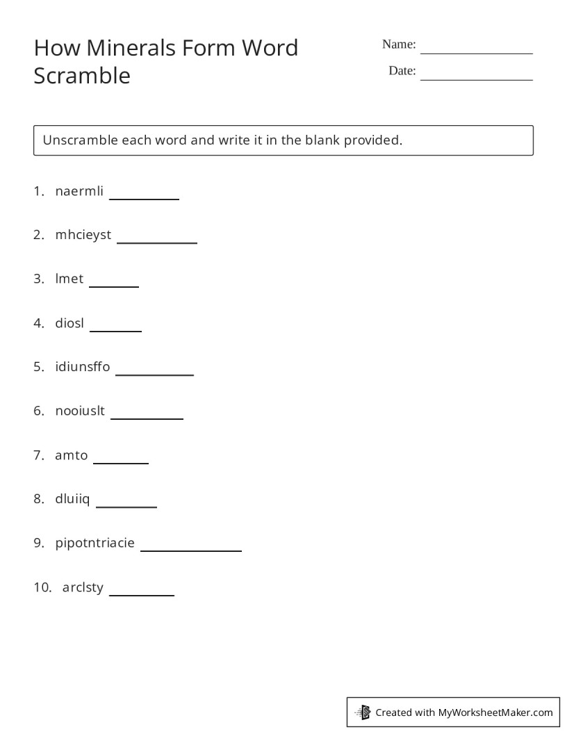 How Minerals Form Word Scramble - My Worksheet Maker: Create Your Own ...