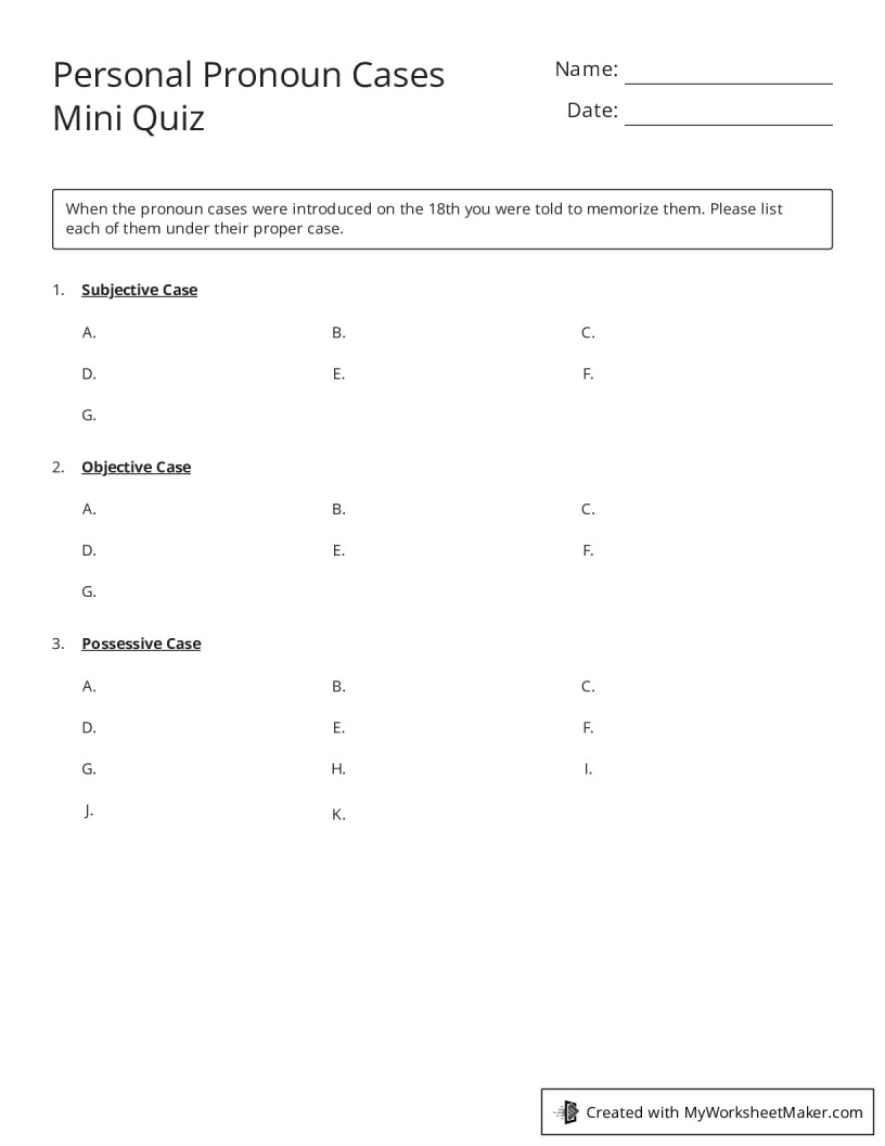 Personal Pronoun CasesMini Quiz - My Worksheet Maker: Create Your Own ...