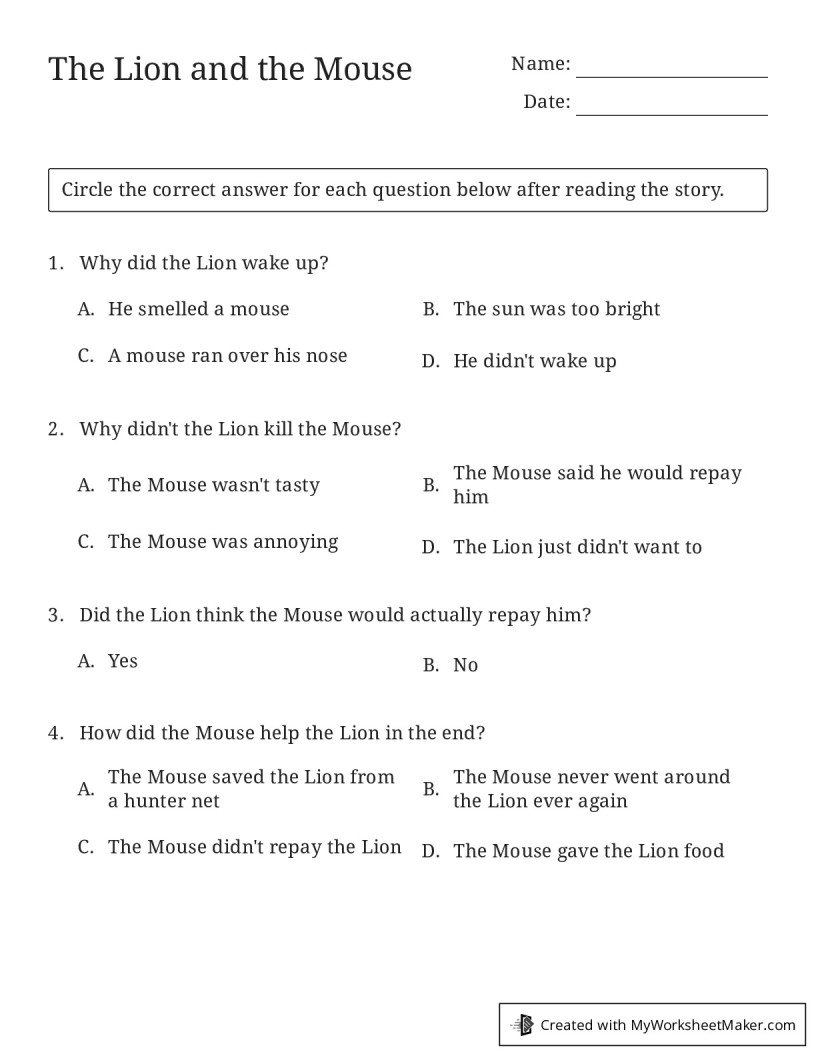The Lion and the Mouse - My Worksheet Maker: Create Your Own Worksheets