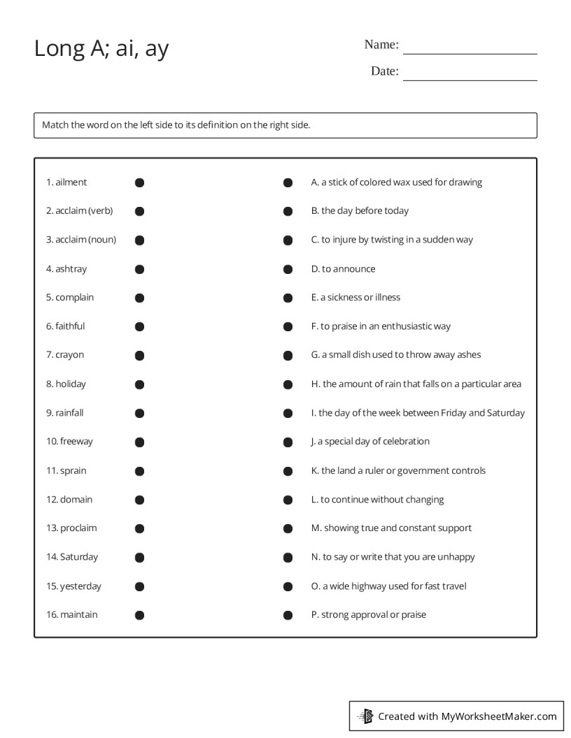 Long A; ai, ay - My Worksheet Maker: Create Your Own Worksheets