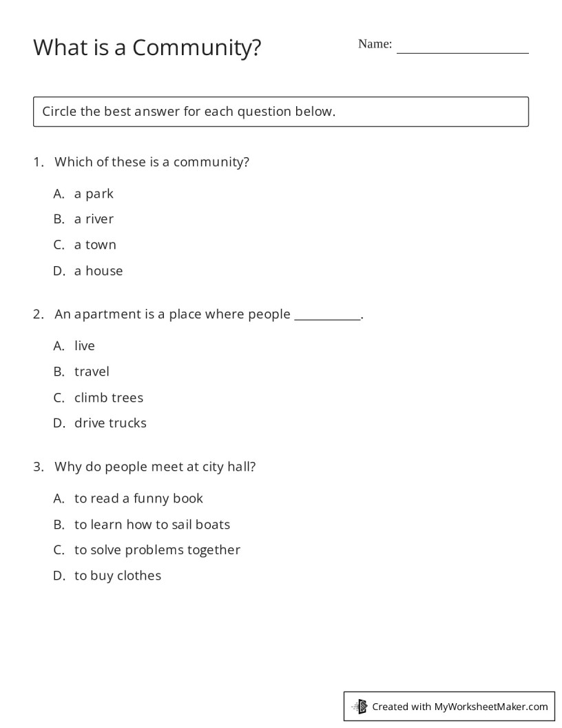 What is a Community? - My Worksheet Maker: Create Your Own Worksheets