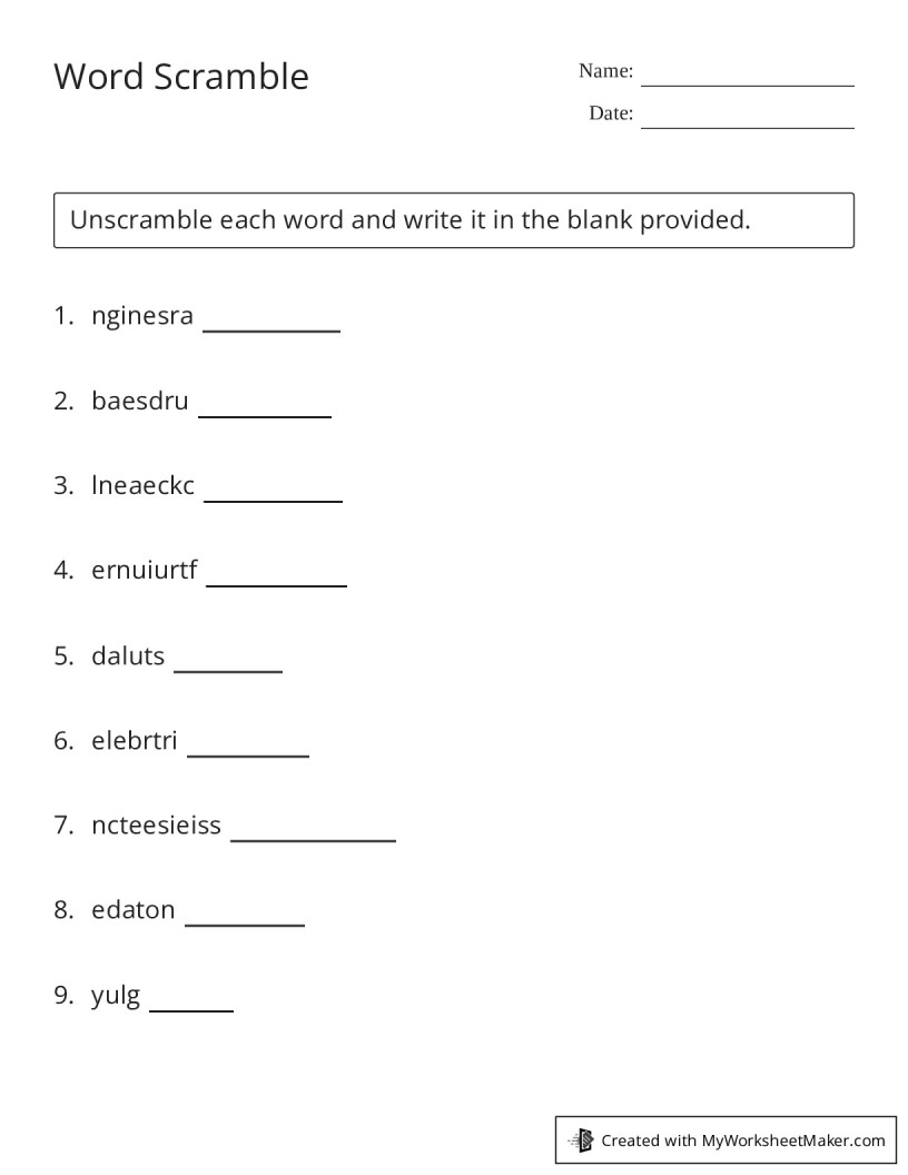 Word Scramble - My Worksheet Maker: Create Your Own Worksheets